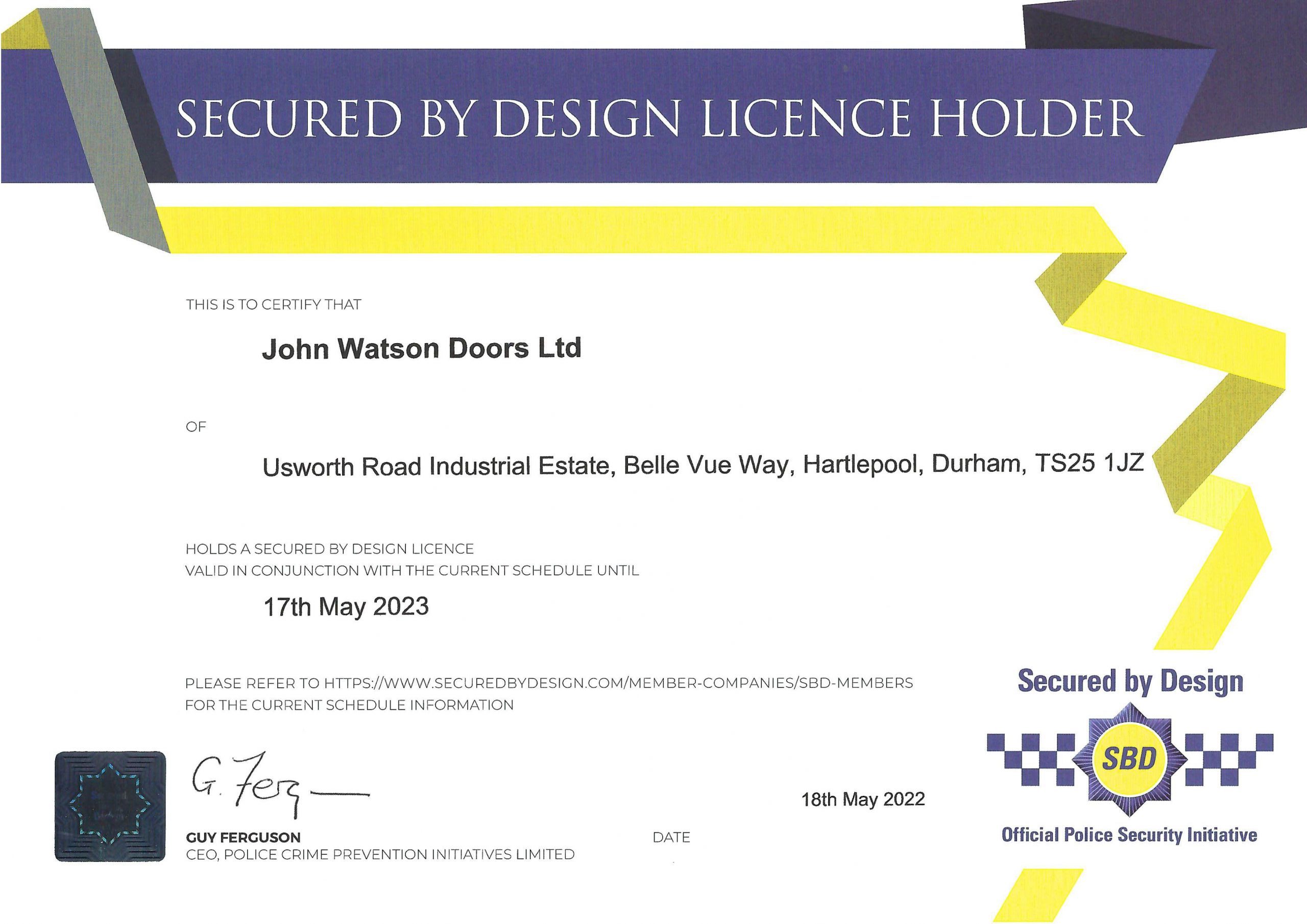 Certification – John Watson High Performance Doorsets