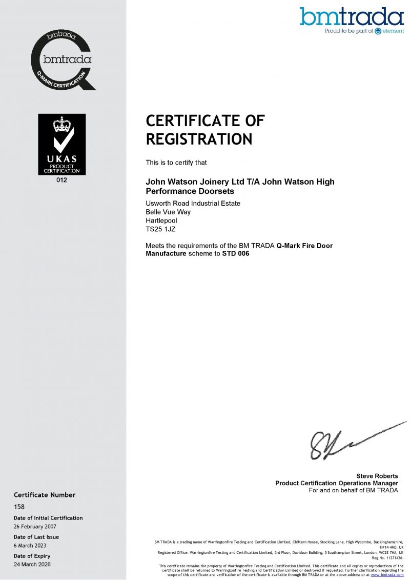 Certification – John Watson High Performance Doorsets